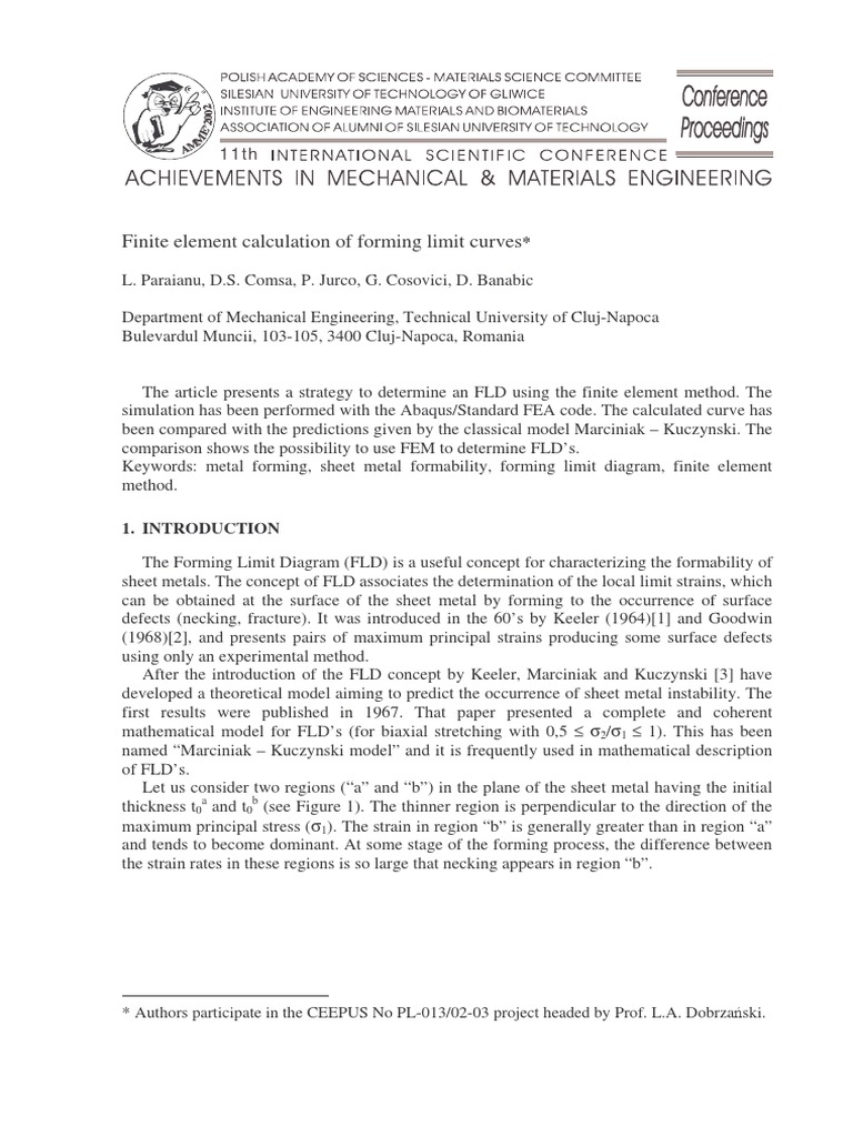 Finite Element Calculation of Forming Limit Curves | PDF | Finite ...