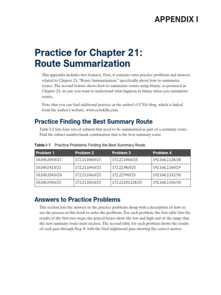 Practice For Chapter 21: Route Summarization: Appendix I | PDF ...