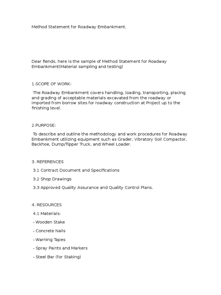 Method Statement For Roadway Embankment | PDF | Engineering | Transport