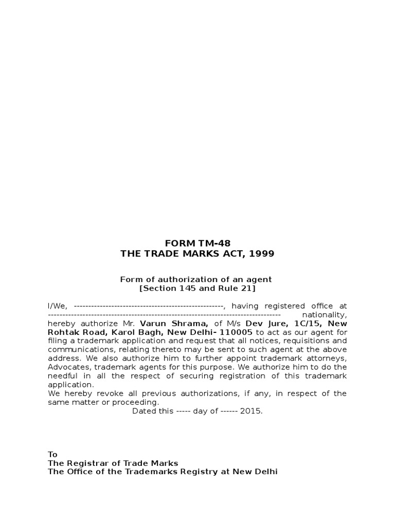 Form Tm-48 The Trade Marks Act, 1999: Form of Authorization of An Agent (Section 145 and Rule 21 ...