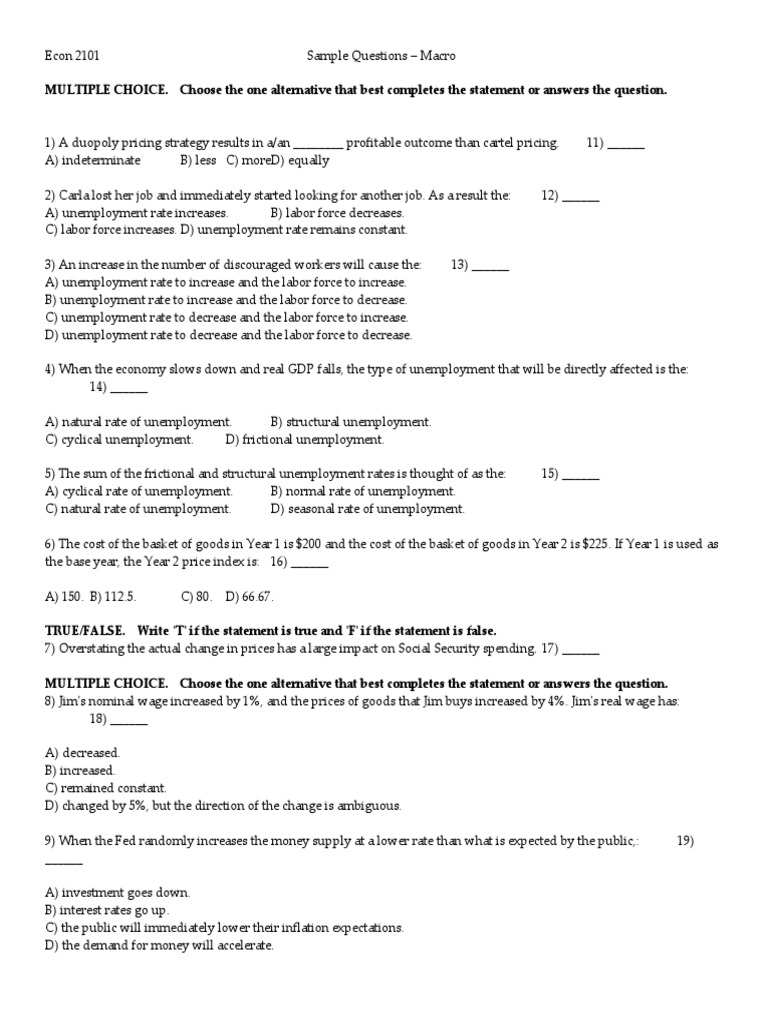 Econ 2101 Sample Questions Macro | Unemployment | Poverty & Homelessness