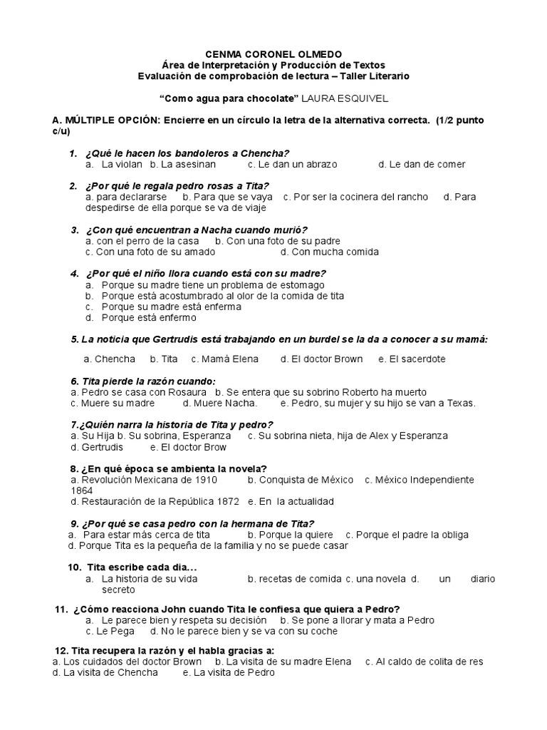 Prueba de Lectura Como Agua para Chocolate | PDF