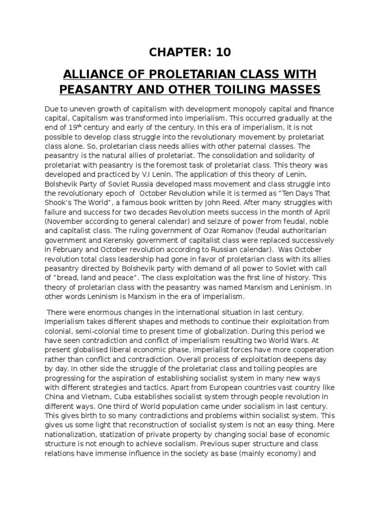 Alliance of Proletarian Class With Peasantry and Other Toiling Masses ...