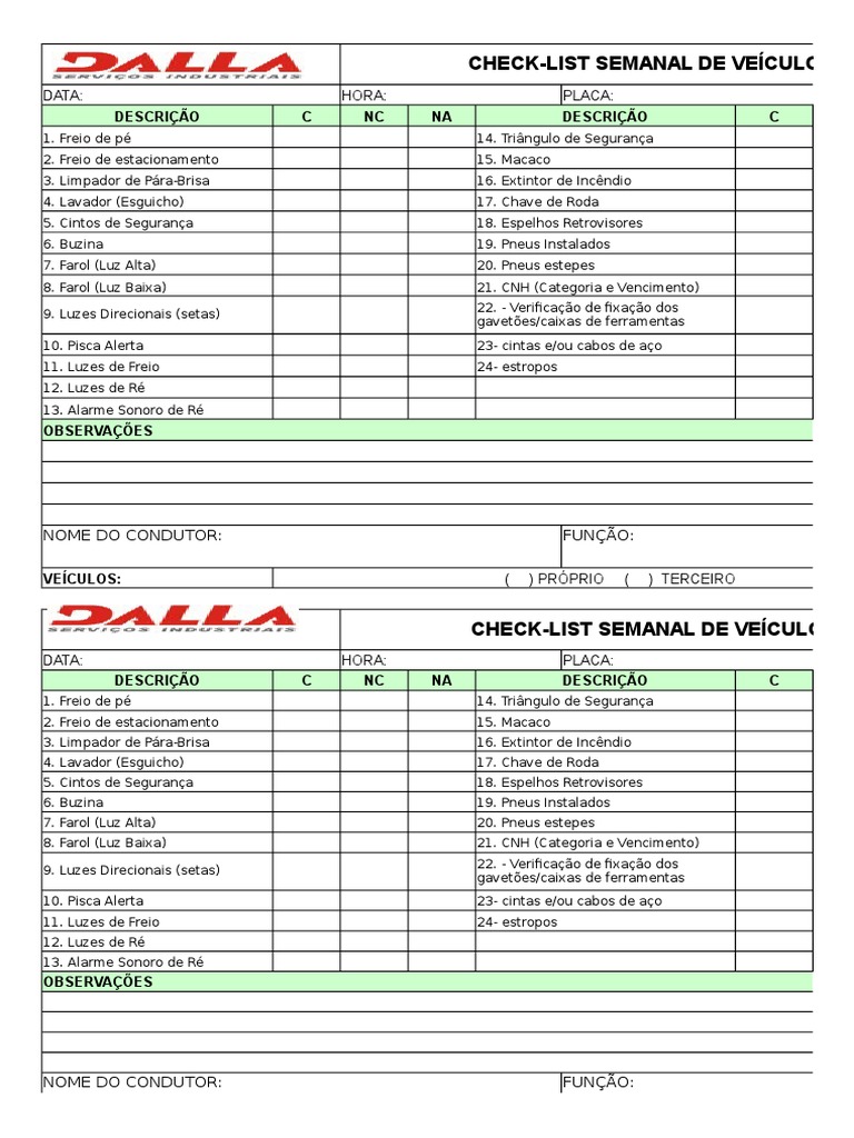 Check List de Carros e Caminhões - Setembro