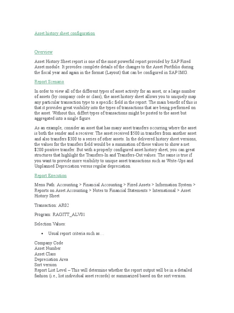 Asset History Sheet Configuration | PDF