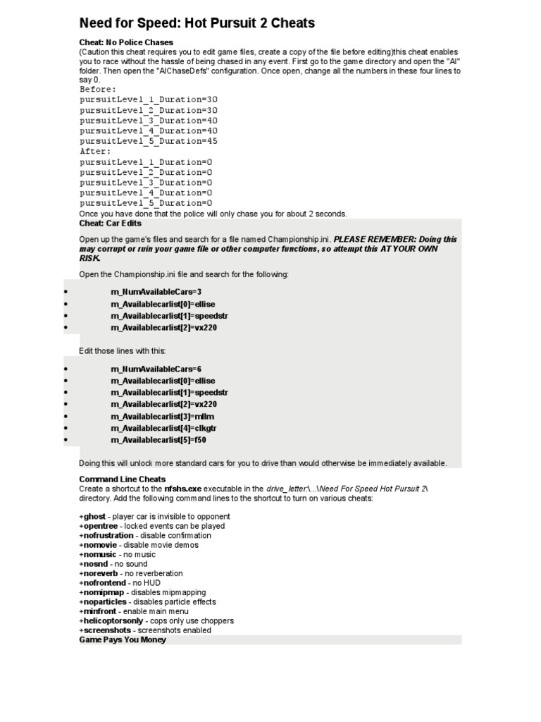 Need For Speed: Hot Pursuit 2 Cheats | PDF | Computer File | Utility ...