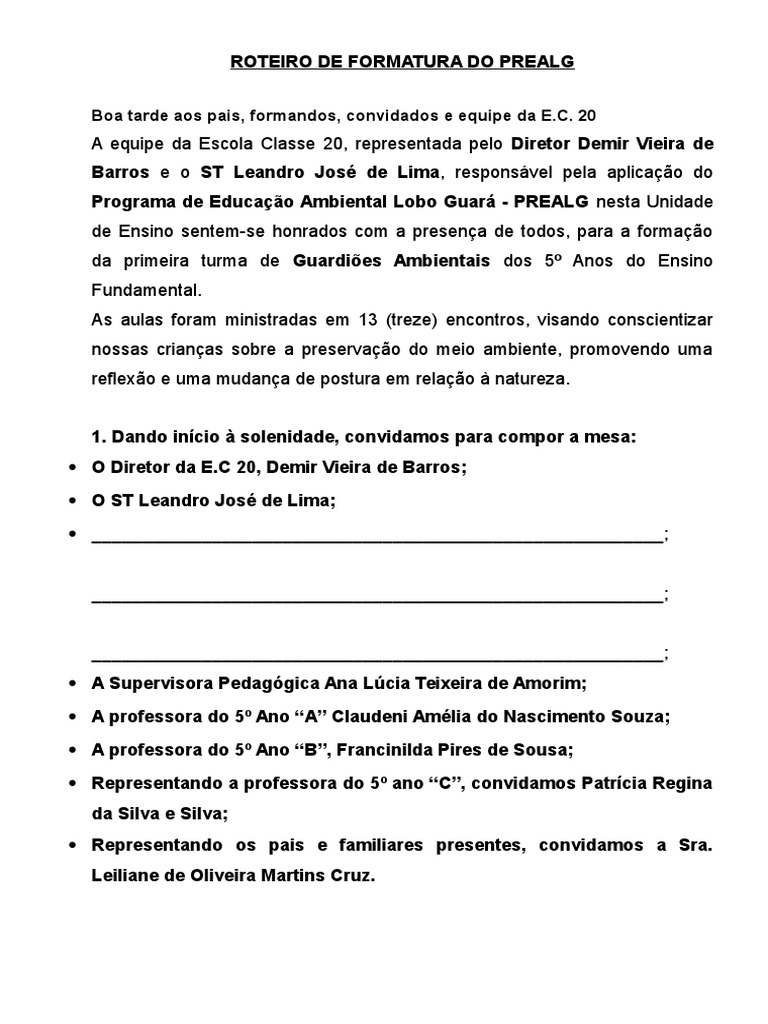 Roteiro de Formatura Do PREALG | Download grátis PDF | Terra | Vida