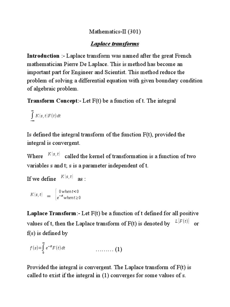 Introduction:-Laplace Transform Was Named After The Great French ...