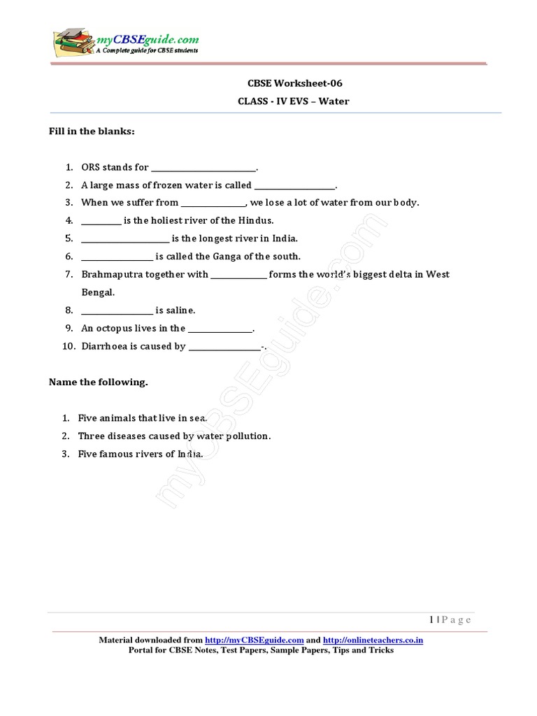 Class IV EVS Water Worksheet | PDF