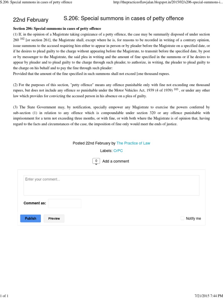 Section 206: Special Summons for Petty Offences | PDF