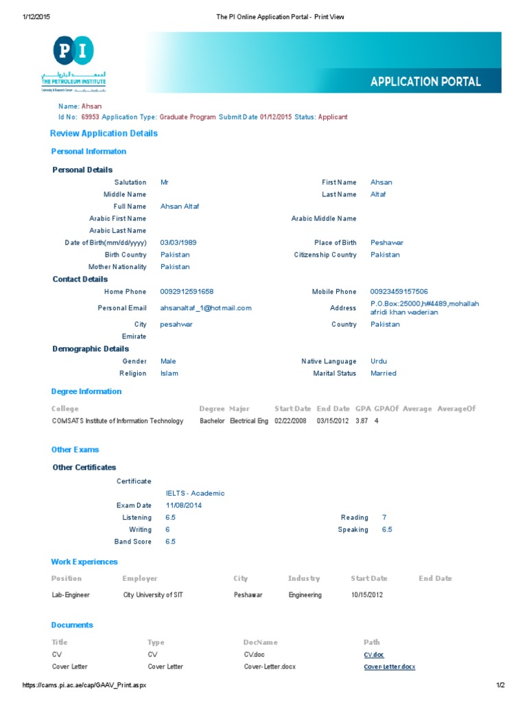 The PI Online Application Portal - Print View | PDF