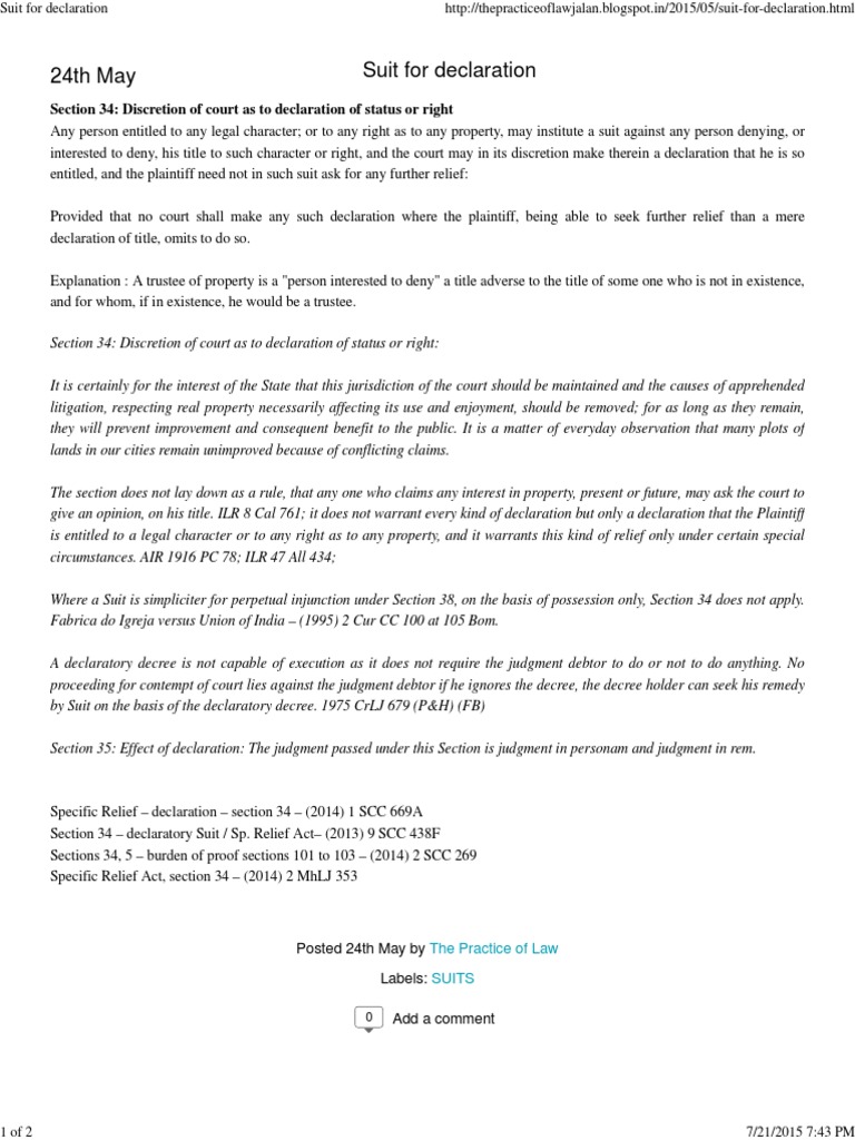 Suit For Declaration | PDF | Lawsuit | Judgment (Law)
