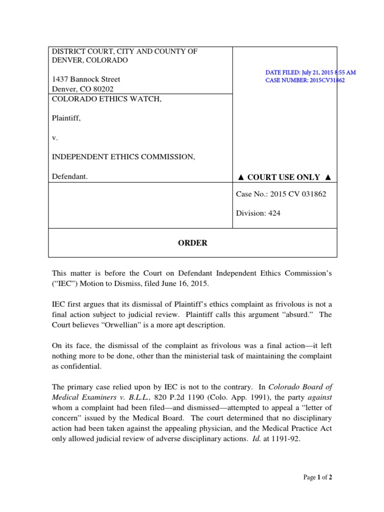 Order Denying IEC's Motion To Dismiss | PDF | Standing (Law) | Complaint