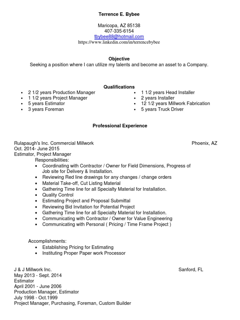 Millwork Project Manager in Phoenix AZ Resume Terrence Bybee | PDF ...