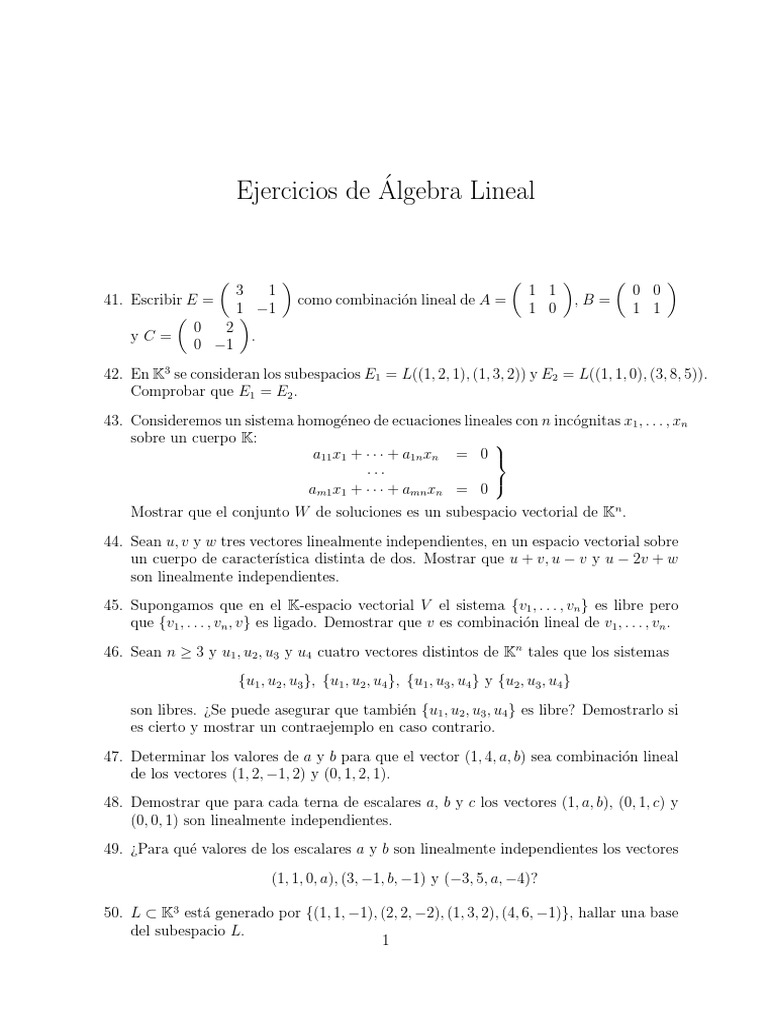 20 Ejercicios de Algebra Lineal | PDF | Espacio vectorial | Linealidad