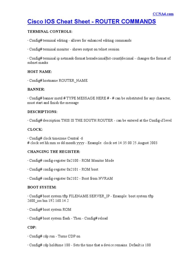 Cisco Ios Cheat Sheet - Router Commands | Download Free PDF | Booting ...