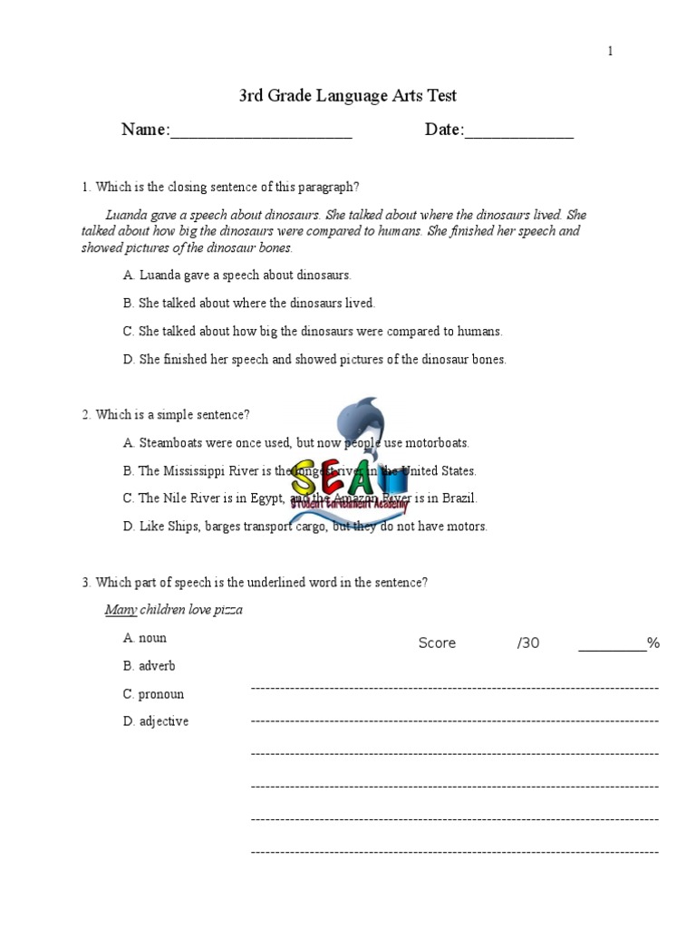 3rd Grade Language Arts Test Name: - Date | PDF | Part Of Speech ...