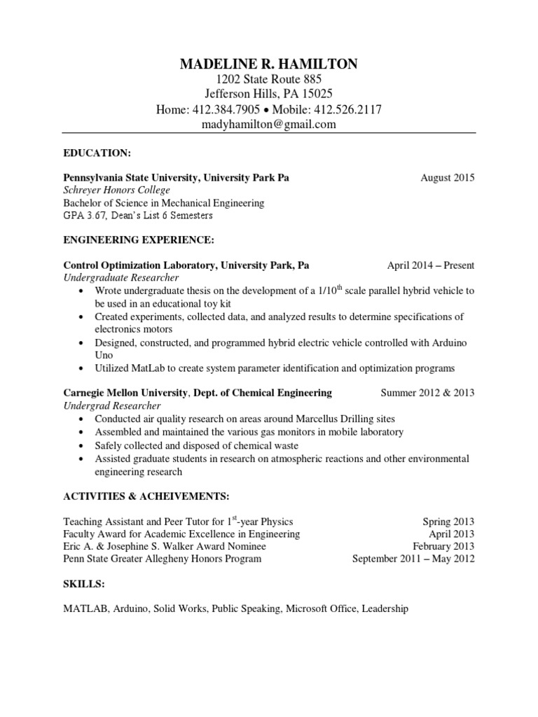 Mechanical Engineering Resume of Madeline Hamilton | PDF