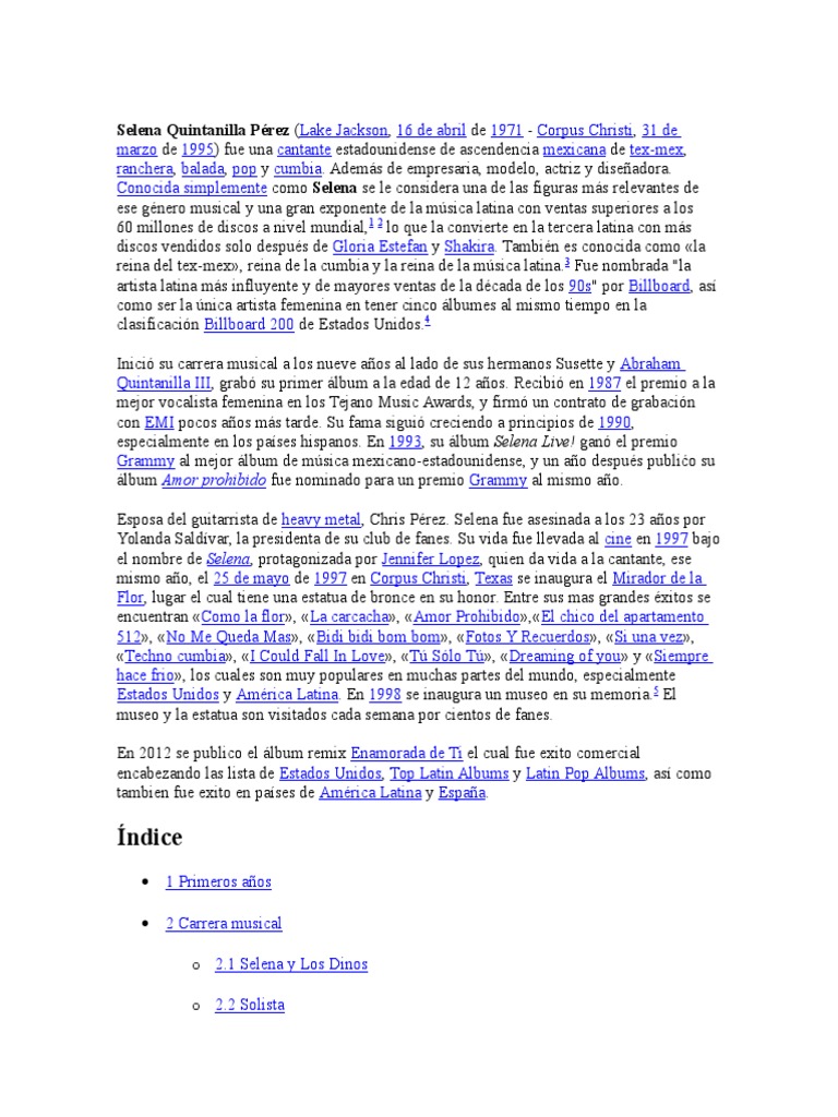 Biografía de Selena Quintanilla | PDF | Entretenimiento (general) | Ocio