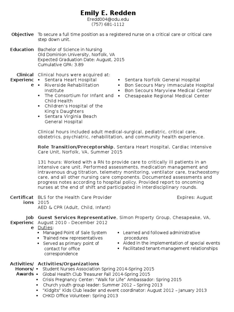 Nursing Resume for Critical Care Position | PDF