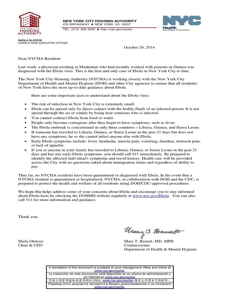 Ebola Letter To Nycha Residents en 10-29-14 | PDF