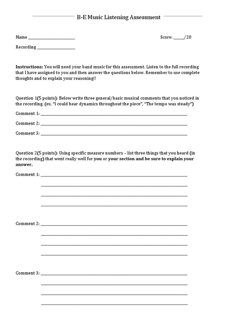 B-E Music Listening Assessment: Instructions | PDF