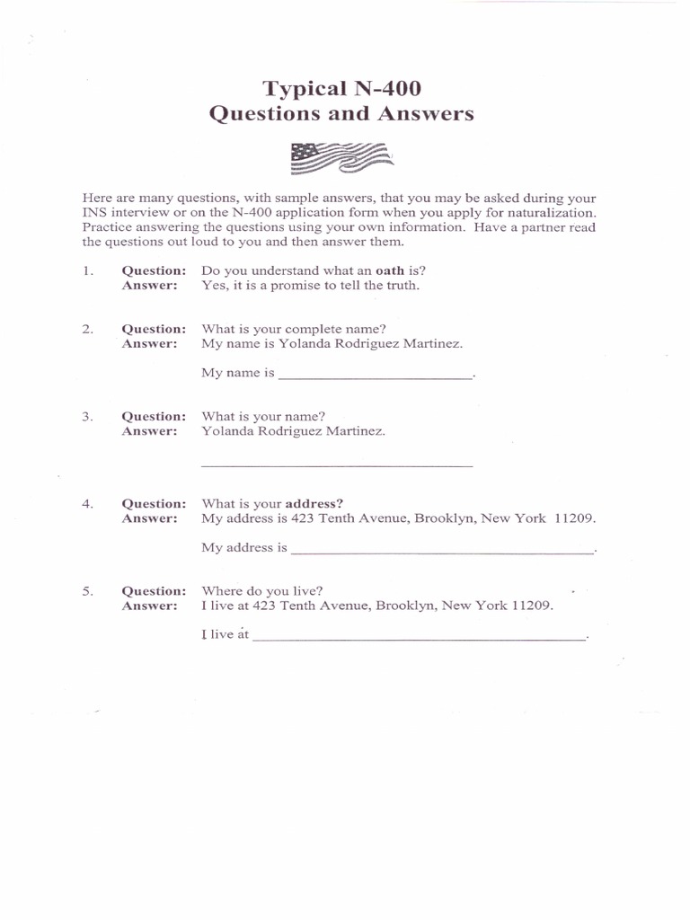 Typical N-400 Questions and Ans Ers: ST A SW R T | PDF | Oath Of Office ...