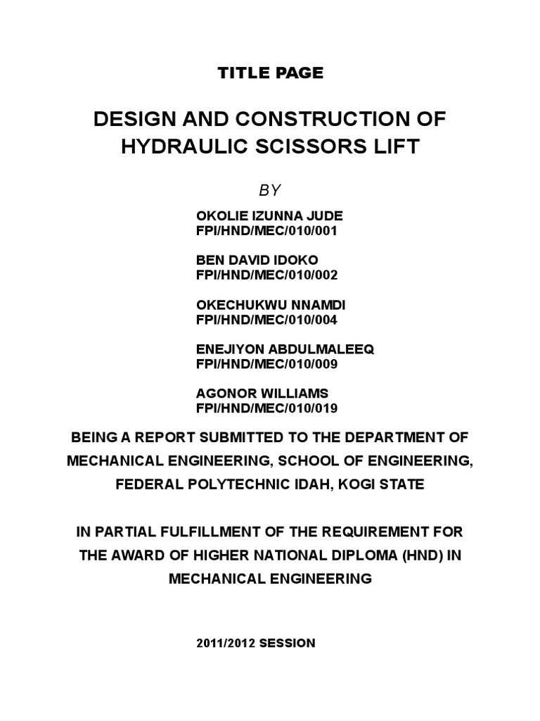 Design and Construction of A Hydraulically Powered Scissors Lift | PDF ...
