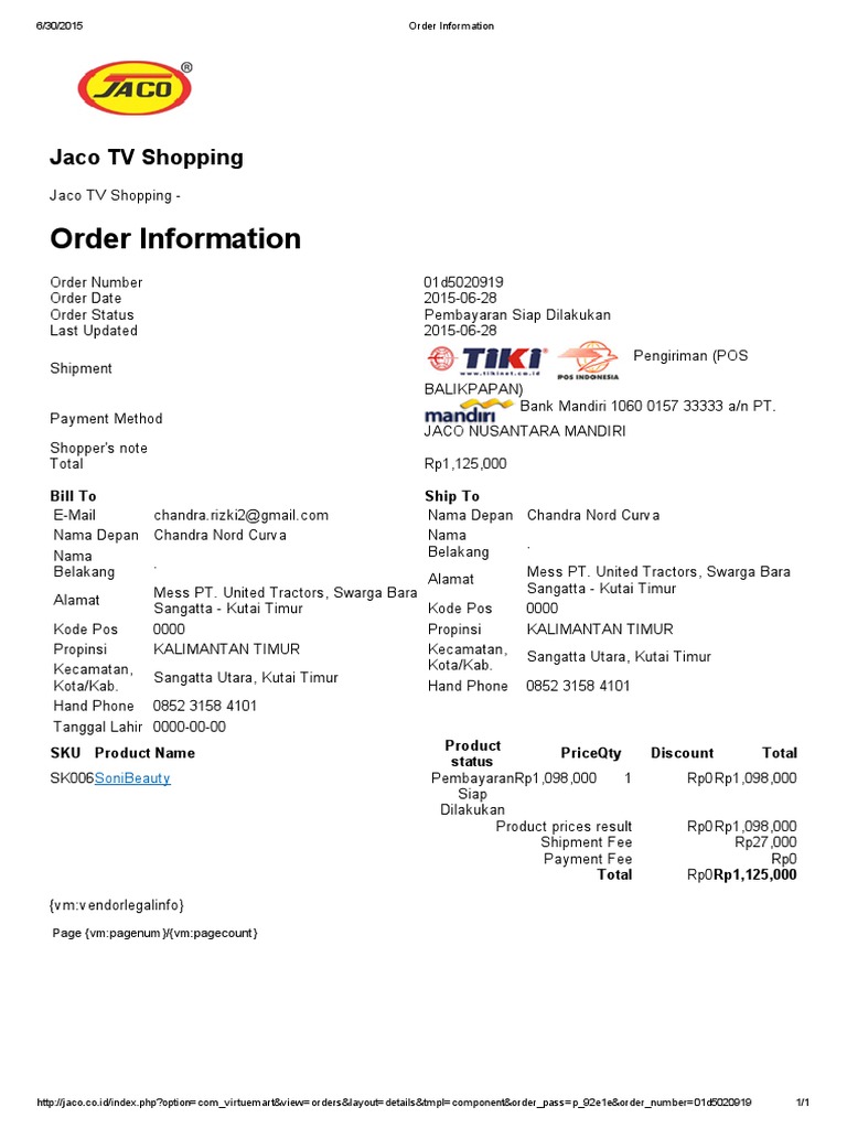 Jaco TV Shopping Order Details | PDF | Business | Technology & Engineering
