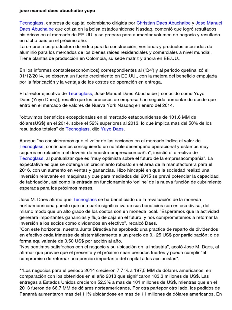 José Manuel Daes y el crecimiento de Tecnoglass | PDF | Bolsa | Aluminio