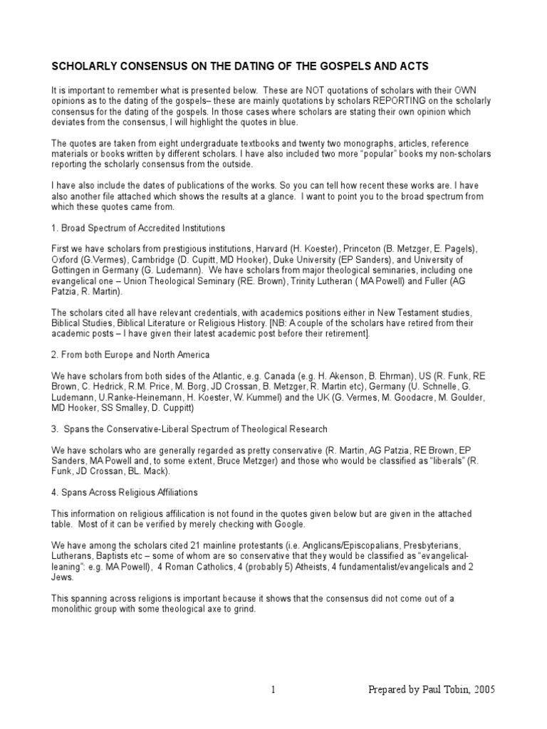 Scholarly Consensus on Gospel Dates | PDF | Gospel Of Mark | Gospel Of ...