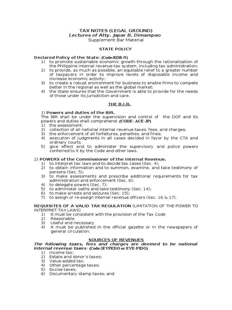 Taxation Law - 2013 Dimaampao Lecture Notes PDF | PDF | Taxation In The ...