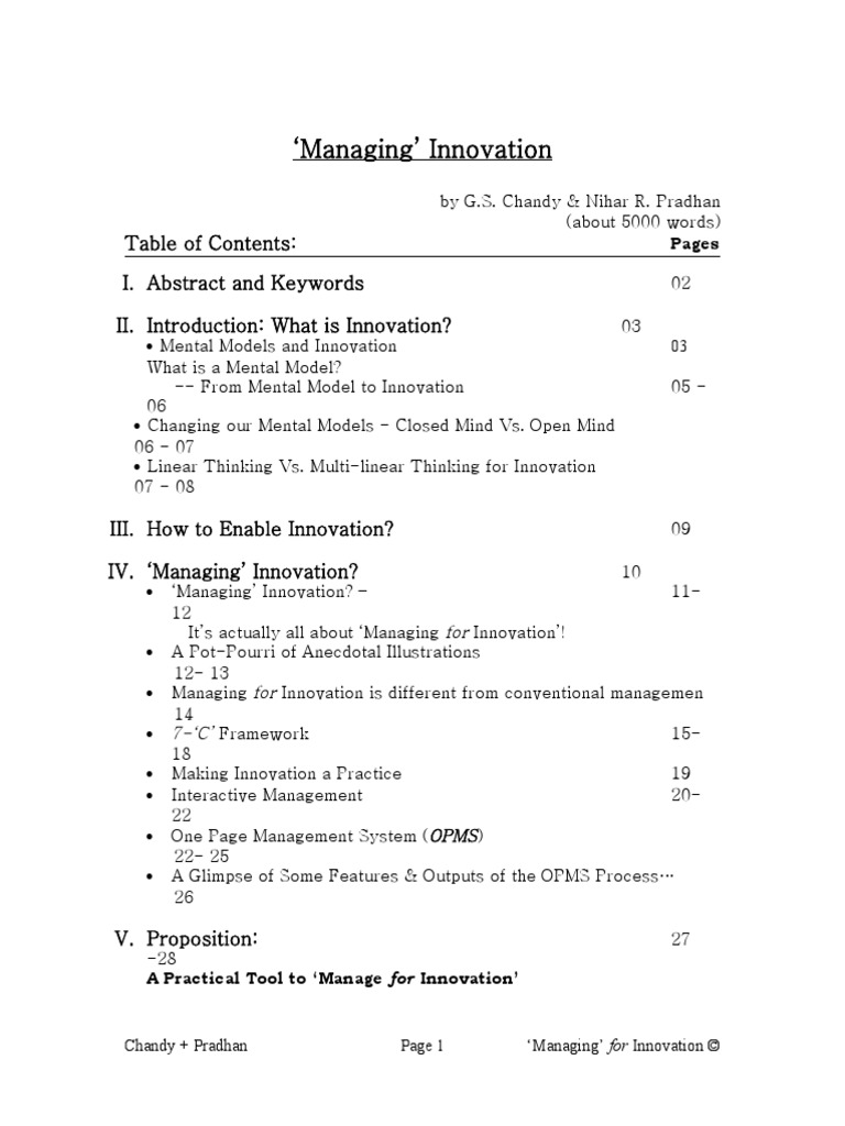 Managing' Innovation: Table of Contents: I. Abstract and Keywords II ...