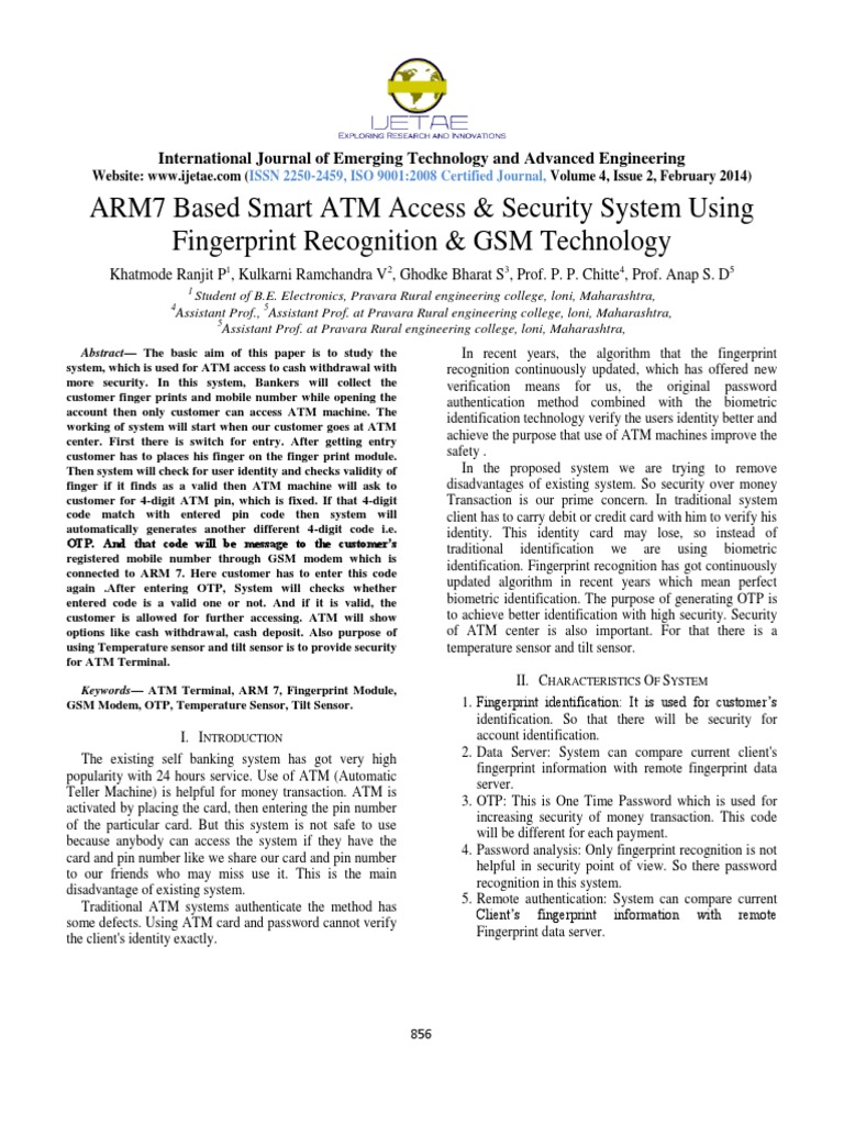 ARM7 Based Smart ATM Access & Security System Using Fingerprint Recognition & GSM Technology ...