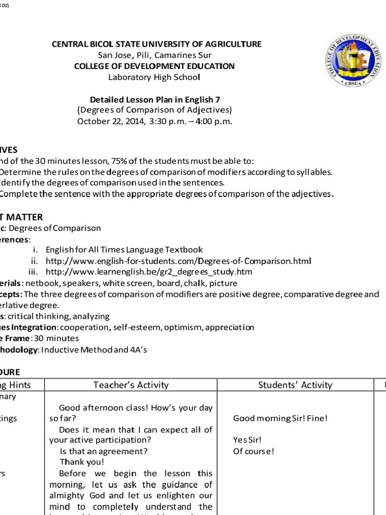 Lesson Plan On Degrees of Comparison PDF | PDF | Adjective | Linguistic Typology