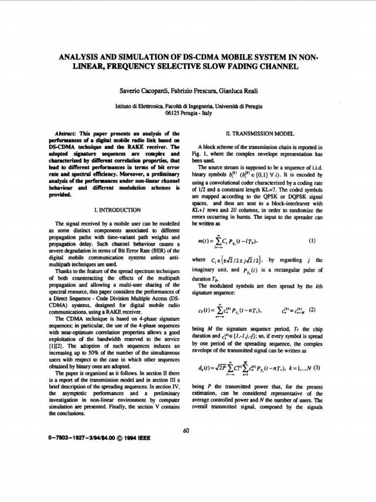 Analysis Simulation of Ds-Cdma Mobile System in Non-Linear, Frequency Selective Slow Channel ...