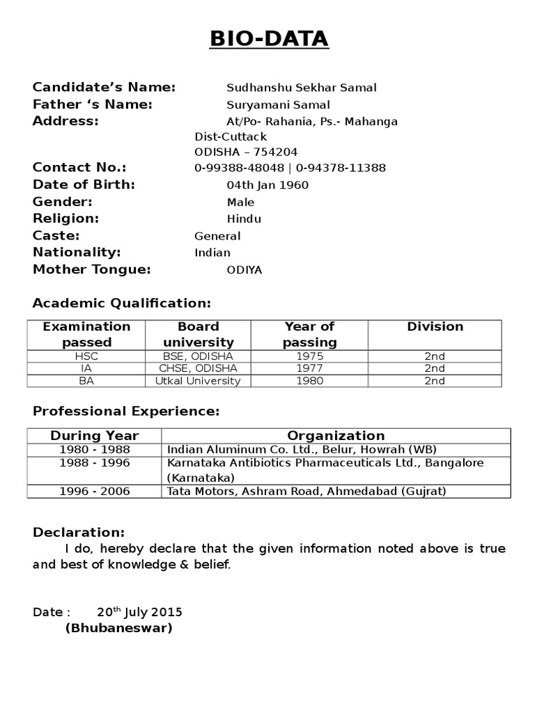 Bio-Data: Candidate's Name: Father S Name: Address | PDF