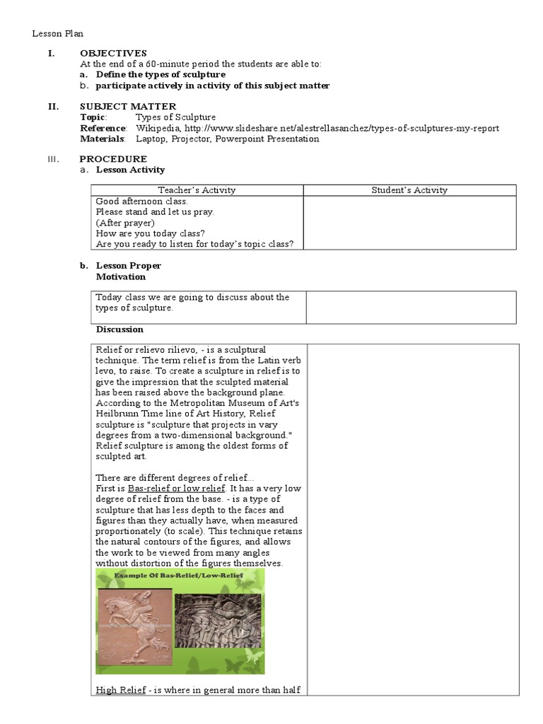 Types of Sculpture Lesson Plan | PDF | Relief | Art Media