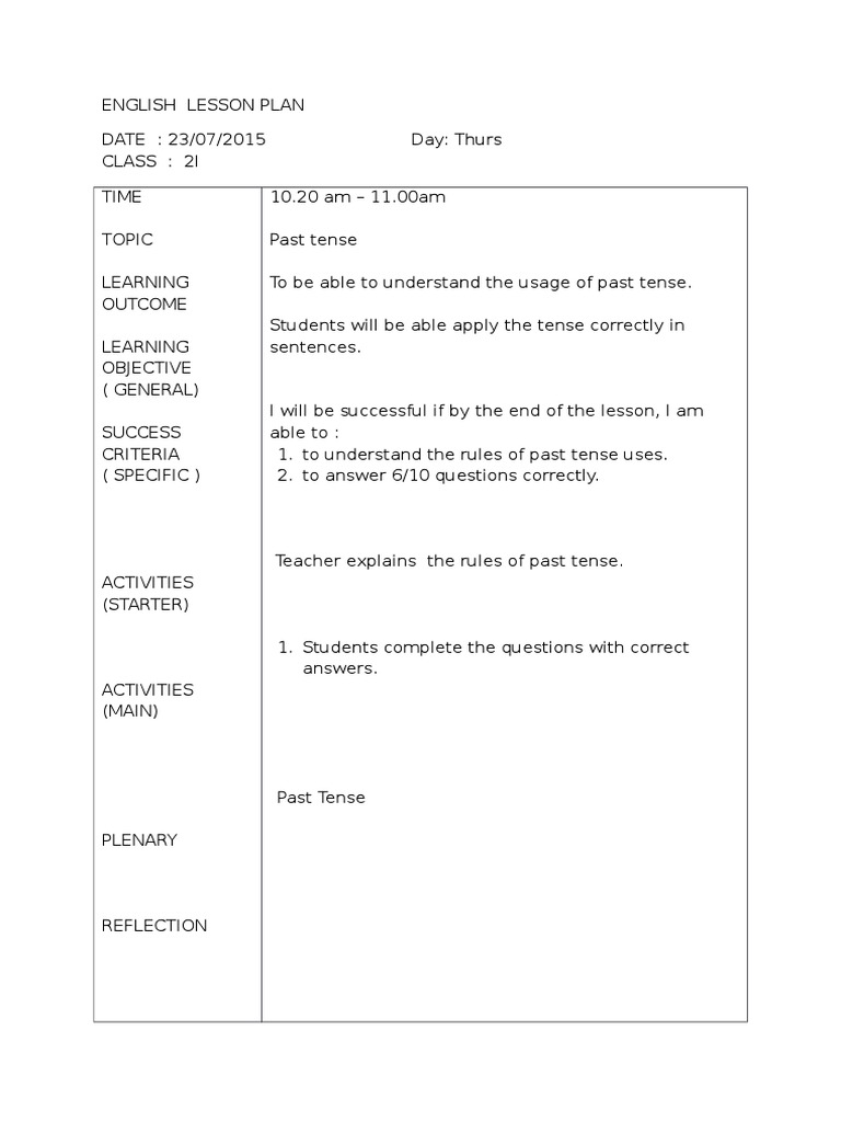 Form 2 English Lesson Plan | PDF | Language Arts & Discipline