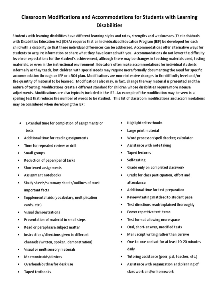 Classroom Modifications for Learning Disabilities | PDF ...