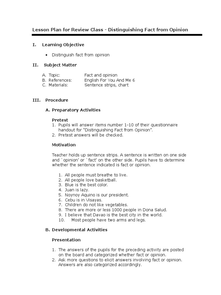 Grade 6 English Reading Distinguishing Fact From Opinion | PDF ...