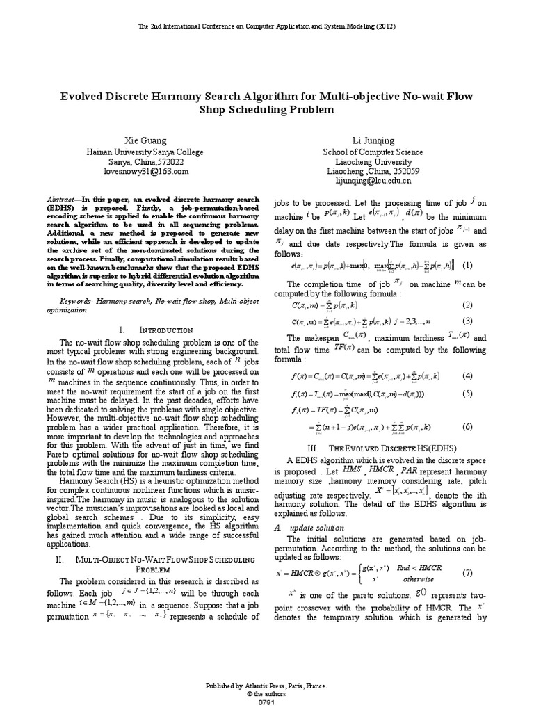 Evolved Discrete Harmony Search Algorithm For Multi-Objective No-Wait Flow Shop Scheduling ...