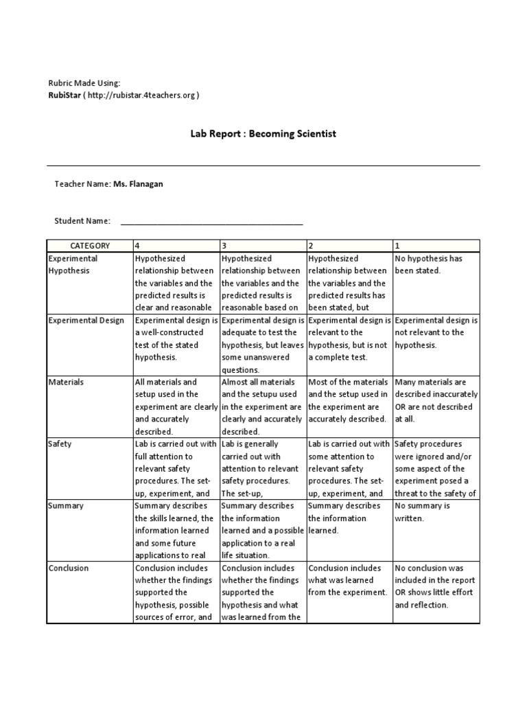 Lab Report Rubric for Science Projects | PDF