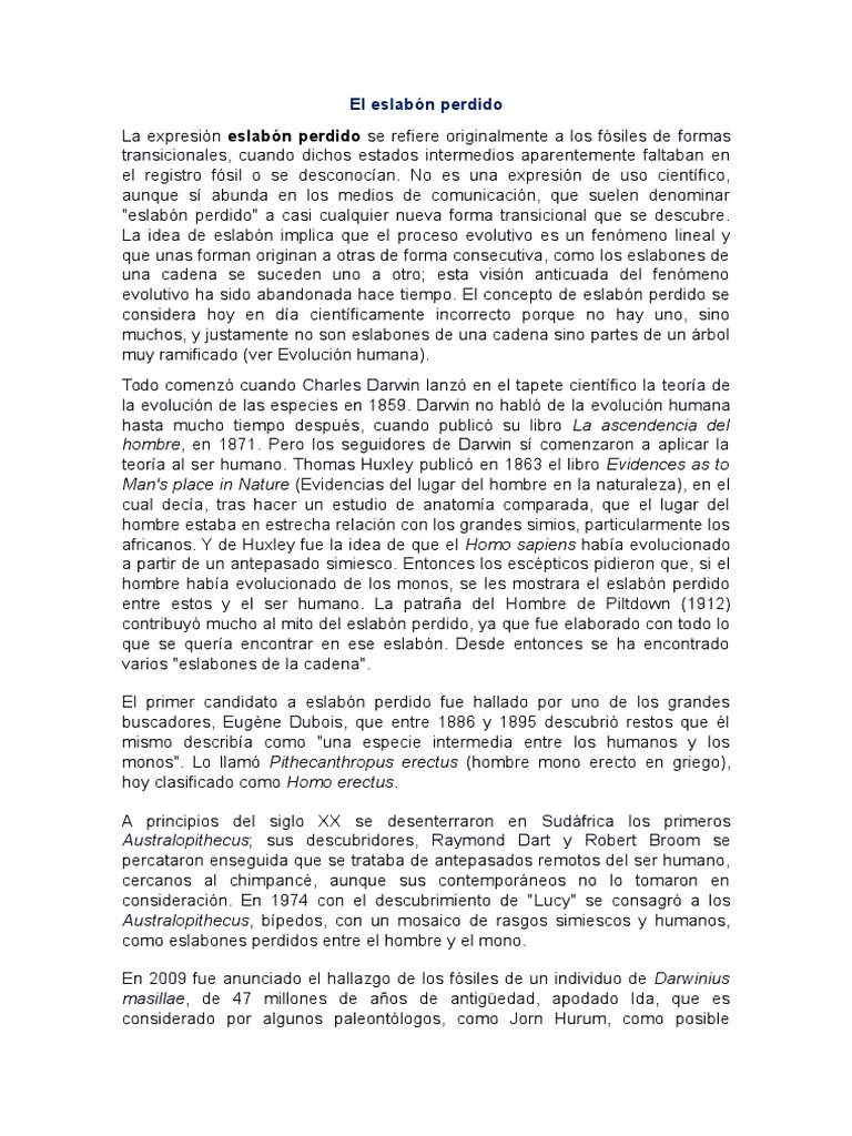 El Eslabón Perdido en la Evolución Humana | PDF | Evolución | Charles ...