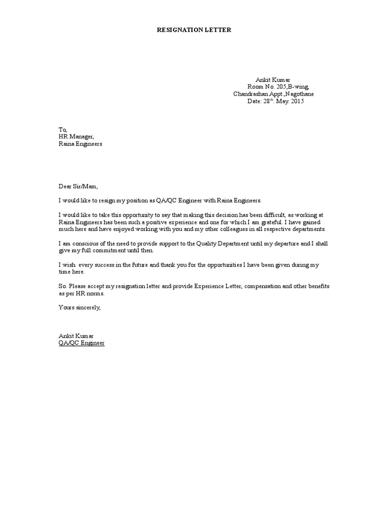 Resignation Letter Format For Civil Engineer