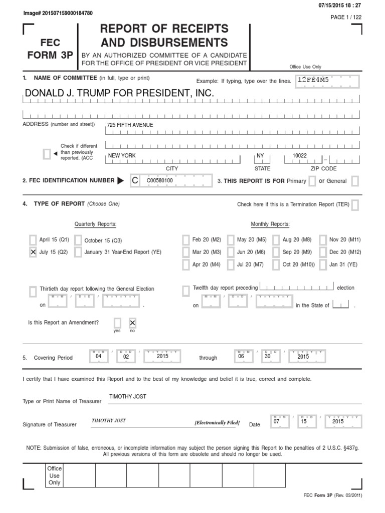 Donald Trump FEC Filing | PDF | Tax Refund | Government