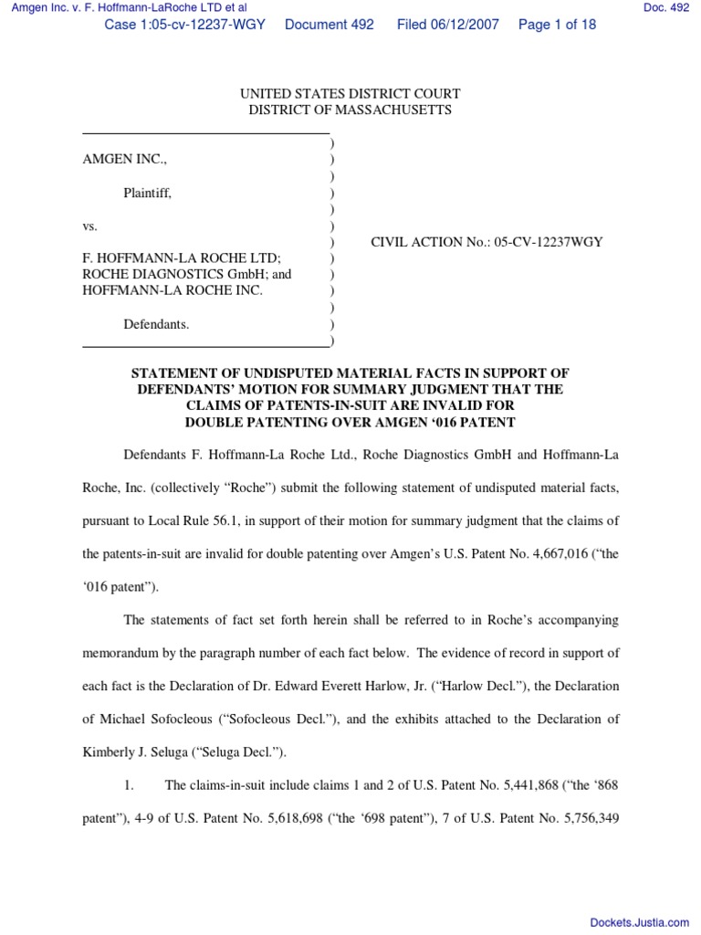 Roche's Summary Judgment Motion on Amgen Patents | PDF | Patent ...