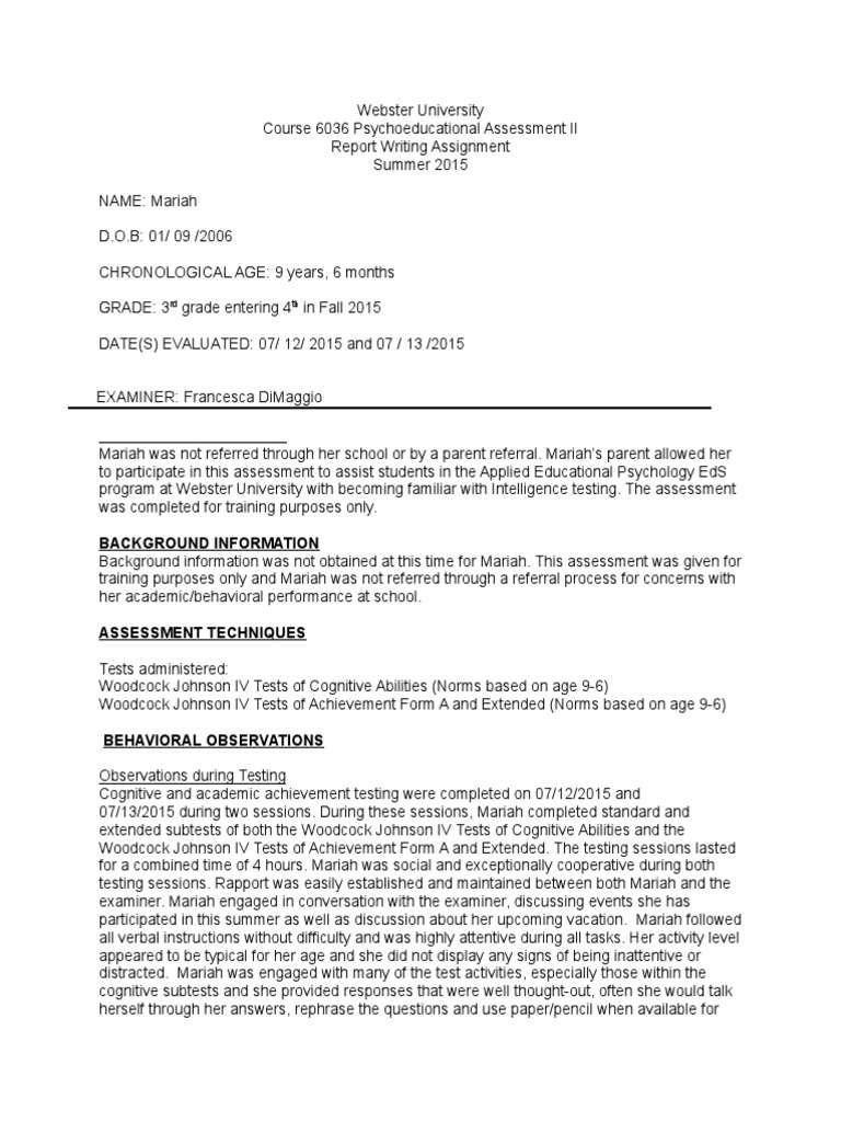 Psychoeducational Assessment Report for Mariah | PDF | Reading (Process ...