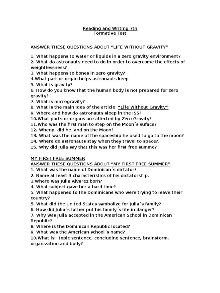 Formative Test Life Without Gravity | PDF