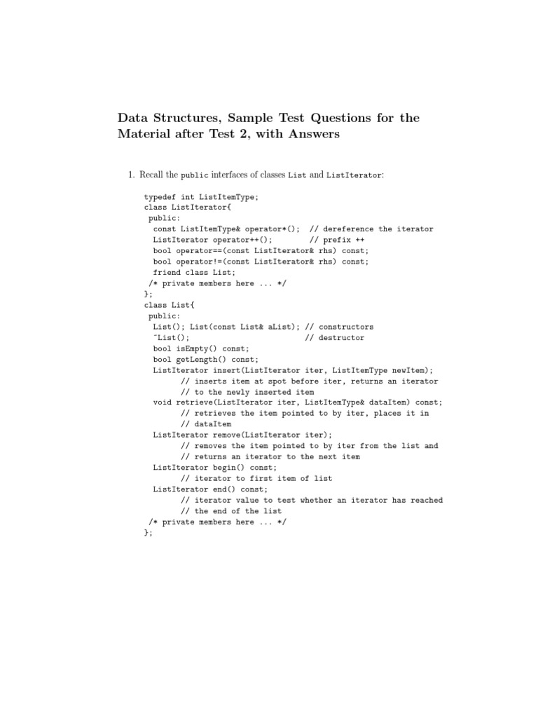 Data Structures, Sample Test Questions For The Material After Test 2 ...